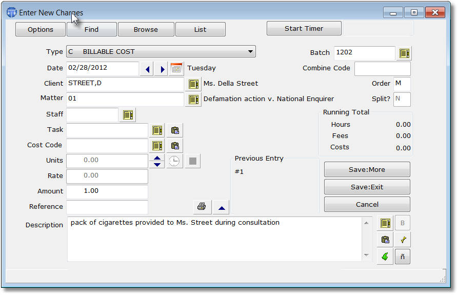 Entering a Billable Cost – The Tussman Program for Legal Billing